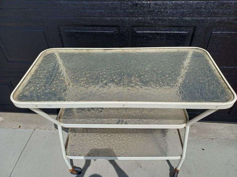 3 Tier Outdoor Glass Top Wheeled Table - Black And Gold Auctions