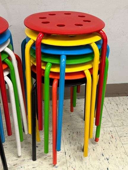 (14) Colorful Plastic Stacking Kid’s Stools - Black And Gold Auctions