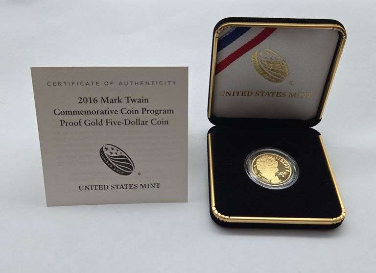 2016 Mark Twain $5 Gold Proof Commemorative Coin in OGP - Black And ...