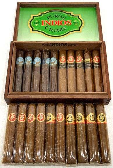 VTG Puros Indios Cigar Box Full of Mixed Cigars - Black And Gold Auctions