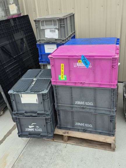 (14) Stackable Heavy Duty Plastic Totes - Black And Gold Auctions