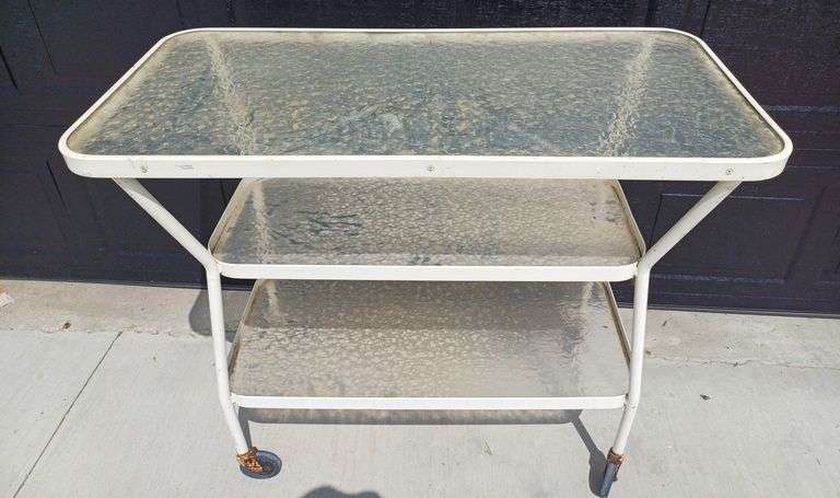 3 Tier Outdoor Glass Top Wheeled Table - Black And Gold Auctions