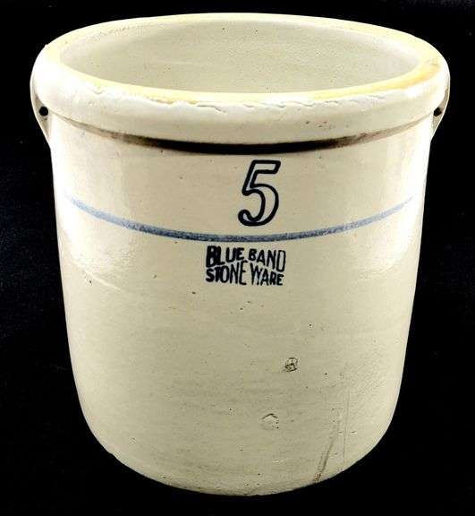 VTG Blue Band 5 Gal Stoneware Crock - Black And Gold Auctions