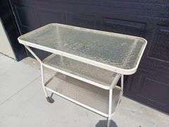 3 Tier Outdoor Glass Top Wheeled Table - Black And Gold Auctions