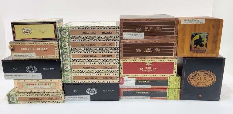 (18) Empty Cigar Boxes - Black And Gold Auctions