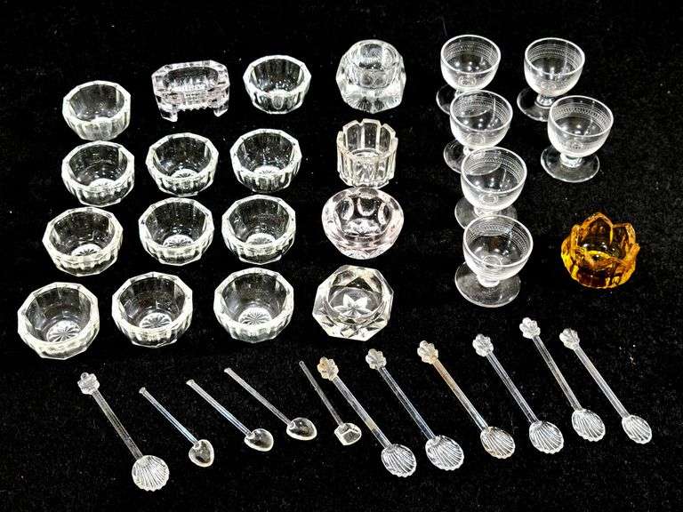 VTG Glass Salt Cellars & Spoons - Black And Gold Auctions