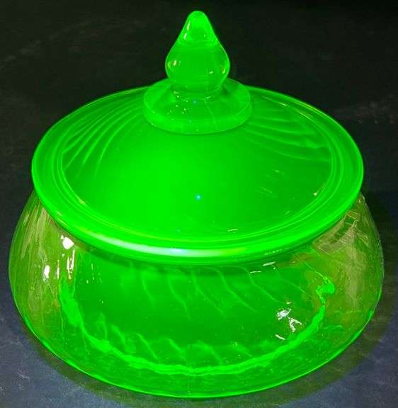 Vintage Glowing Green Uranium Glass Candy Jar - Black And Gold Auctions