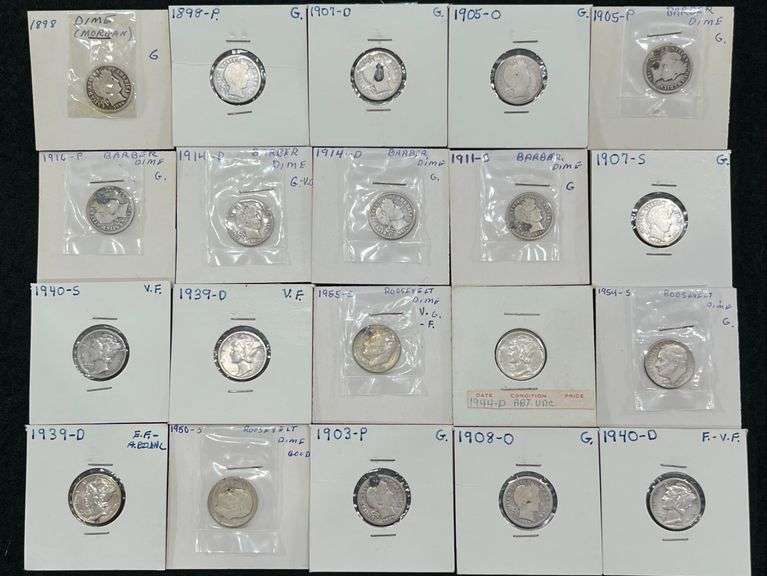(20) Silver Dimes, More Than Half Are Barber Dimes - Black And Gold ...