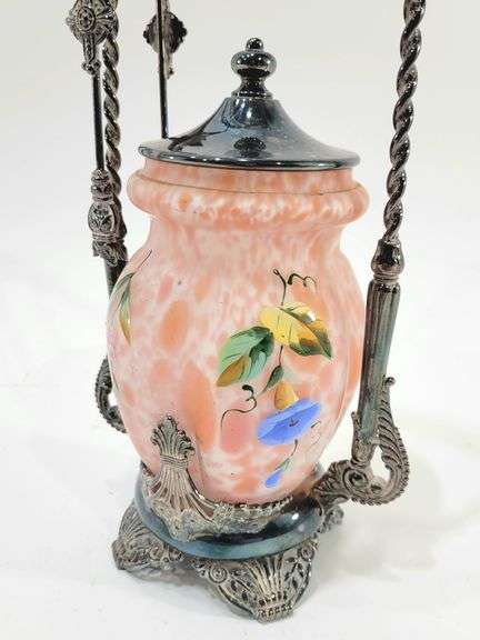 VTG RARE Pink Pickle Castor Art Glass Jar Silver Plated Set - Black And ...