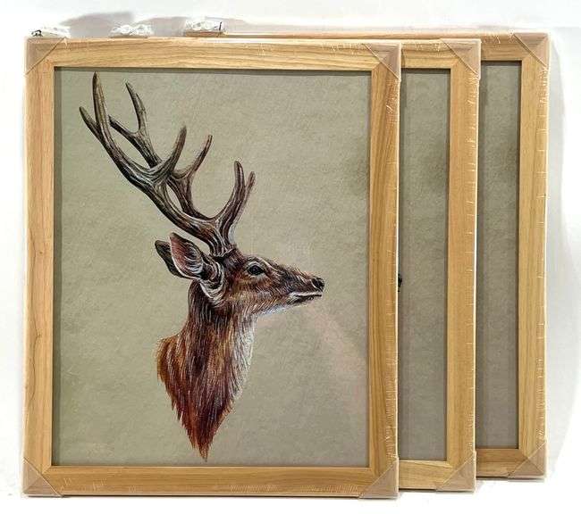 (3) New Wooden Framed Deer/Stag Prints - Black And Gold Auctions