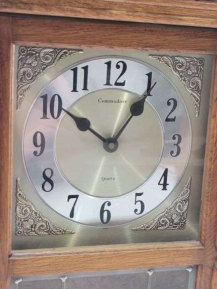 Oak Commodore Quartz Kitchen Clock w Leaded Glass Panel in Door - Black ...