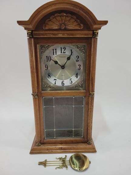 Oak Commodore Quartz Kitchen Clock w Leaded Glass Panel in Door - Black ...