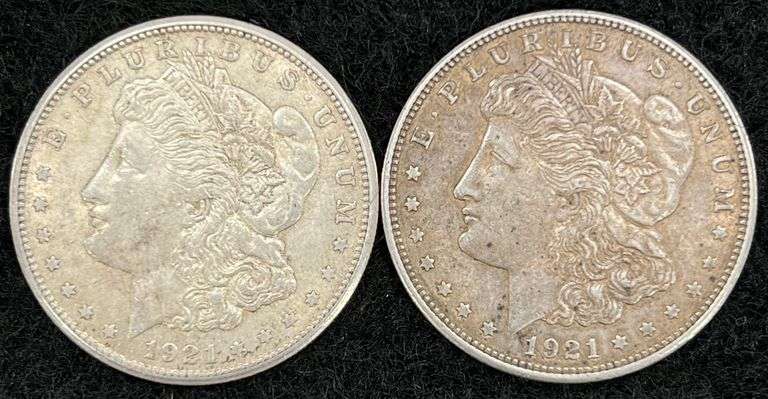 1921-D & 1921-S Morgan Dollars, Both AU - Black And Gold Auctions