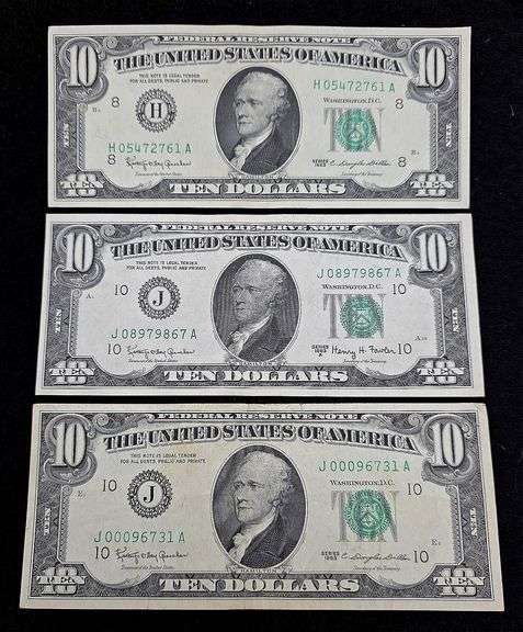(2) 1963 & (1) 1963-A $10 Federal Reserve Notes, - Black And Gold Auctions