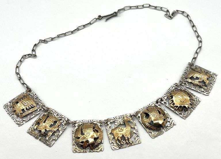 925 Mexico Native Motif Multi-Plaque Necklace - Black And Gold Auctions