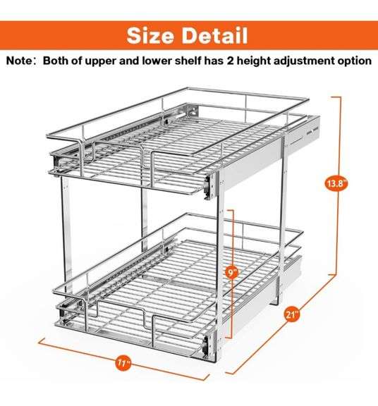 New 21" D x 11" W Double Layer Wire Pull Out Cabinet Organizer - Black ...