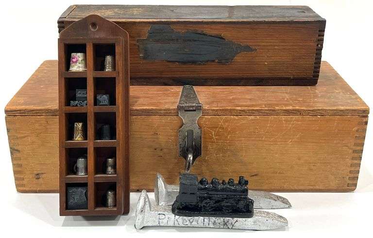 Vintage Cast Iron Railroad Train Spike Art / Thimbles & Stamps / Wooden ...