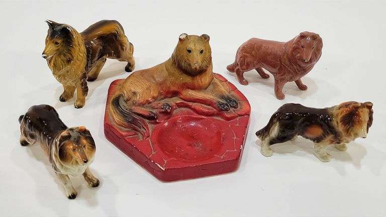 (4) VTG Collie Dog Figurines & VTG Chalkware Collie Ashtray - Black And ...