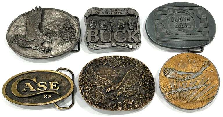 (6) Vintage Belt Metal Buckles - BUCK / CASE XX / Quaker State / Eagles ...