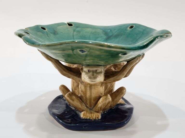 VTG Majolica Art Pottery: 3-Monkeys Holding Bowl Centerpiece - Black ...