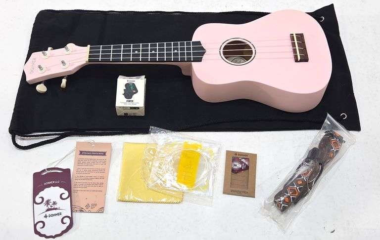Donner Pastel Pink Soprano Ukulele Set - Black And Gold Auctions
