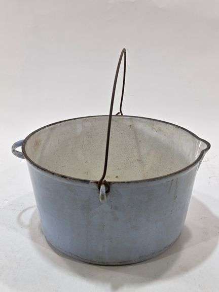 VTG Large Cast Iron Blue Enamel Bean Pot - 16" dia - Black And Gold ...