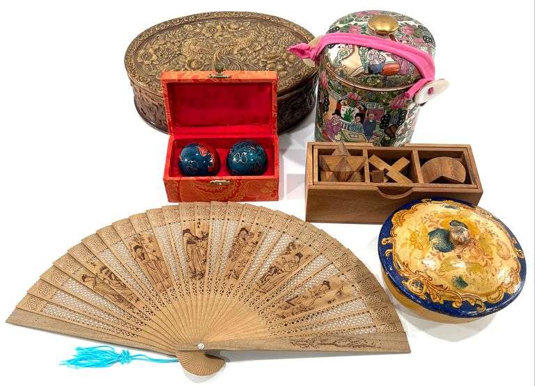 Wooden Box w/ Wooden Puzzles Inside, Baoding Balls, More! - Black And ...