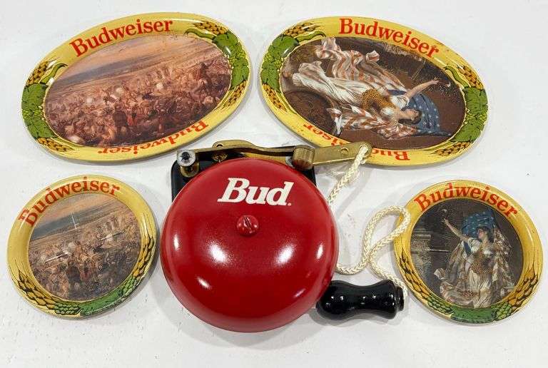 “Bud” Budweiser Boxing Bell & (4) Small Budweiser Trays - Black And ...