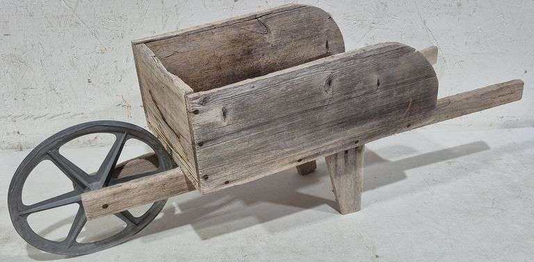 VTG Rustic Wooden Wheelbarrow - Black And Gold Auctions