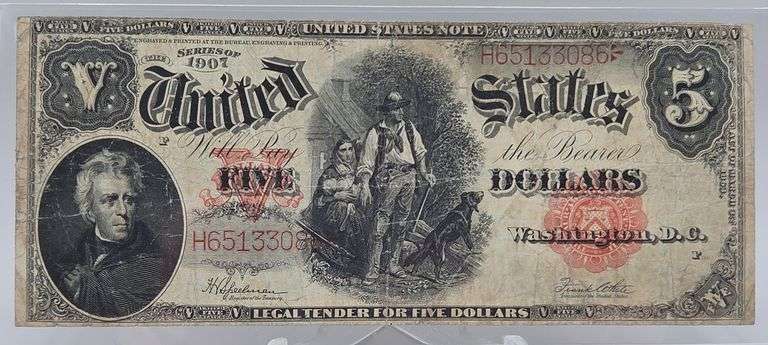 Series 1907 Large Size $5 "Woodchopper" Legal Tender Note, Fine - Black ...