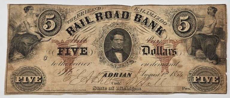 The Erie & Kalamazoo Rail Road Bank $5 Obsolete Currency Note - Black ...