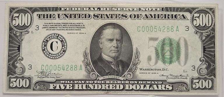 1934-A $500 Federal Reserve Note, Choice XF, L@@K! - Black And Gold ...