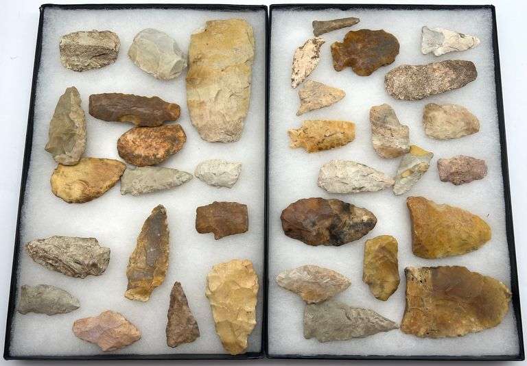Two Flat Display Cases of Native American Projectile Points, River Worn ...