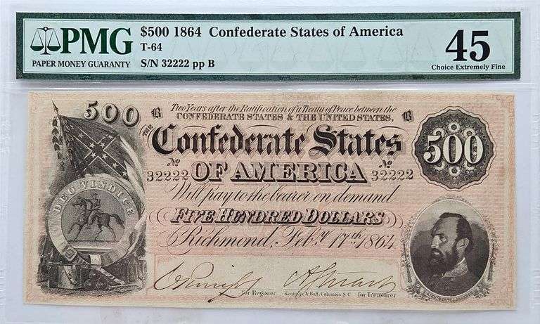 T-64 1864 $500 Confederate States of America Note, PMG 45 Choice ...