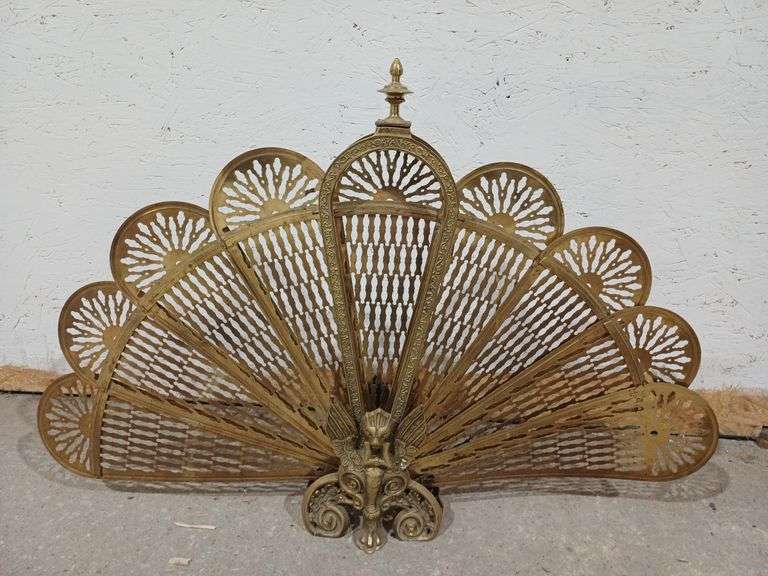 VTG Peacock Style Folding Fan Brass Fireplace Screen - Black And Gold ...