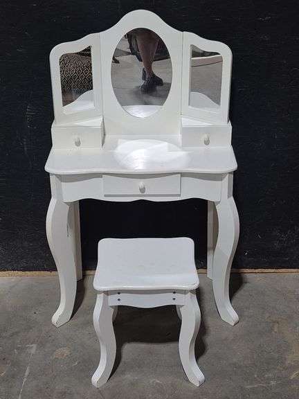 Childrens White Wooden Vanity Table Set - Black And Gold Auctions