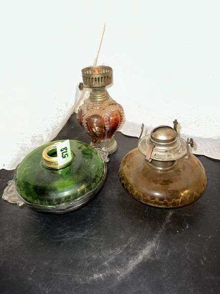Green oil lamp, small oil lamp with red coloring & amber oil lamp bases ...
