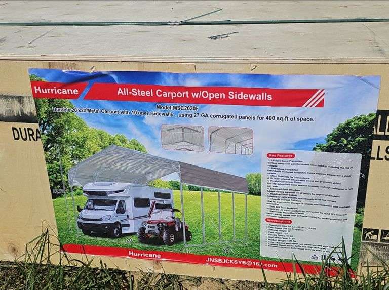 Hurricane All-Steel 20'×20' Carport with 10' Open Sidewalls - Baker Auctions & Real Estate, LLC
