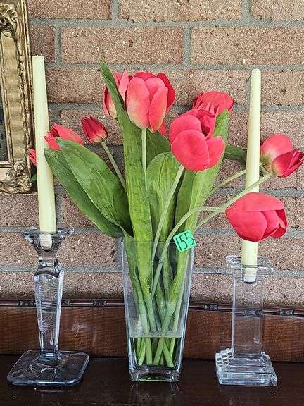 Faux tulips in vase & 2 glass candle holders with candles - Baker ...