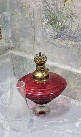 Vintage French Oil Lamp & Vintage Hurricane Lamp Shade - Baker Auctions ...