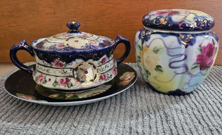 Gold Trimmed sugar dish, saucer, & Urn Style jar - Baker Auctions ...