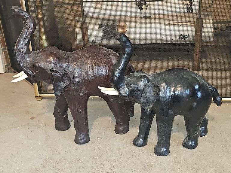 Set of 2 Vintage Leather Wrapped Elephants - Baker Auctions & Real Estate, LLC