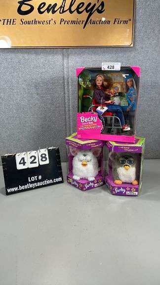 WHITE FURBY ANIMAL, GREY FURBY ANIMAL, BARBIE "BECKY" PHOTOGRAPHER DOLL ...