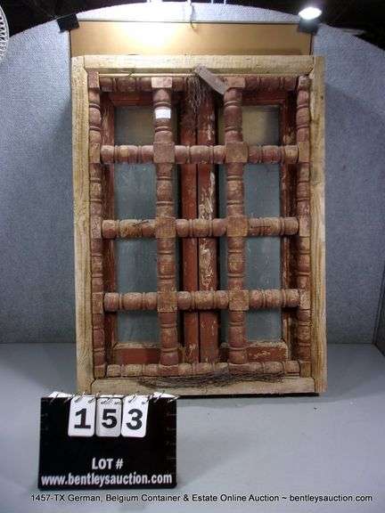 RUSTIC EGYPTIAN PINE WINDOW W/ ORNATE GLASS & WORN SPINDLES ACROSS ...