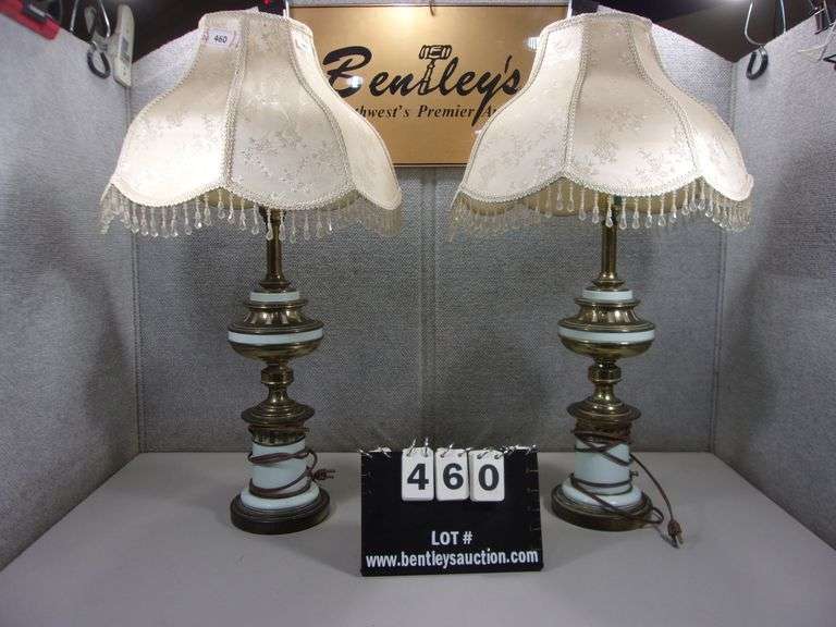 BLUE & ANTIQUED BRASS COLUMN TABLE LAMPS - MID CENTURY STYLED (2X MONEY ...