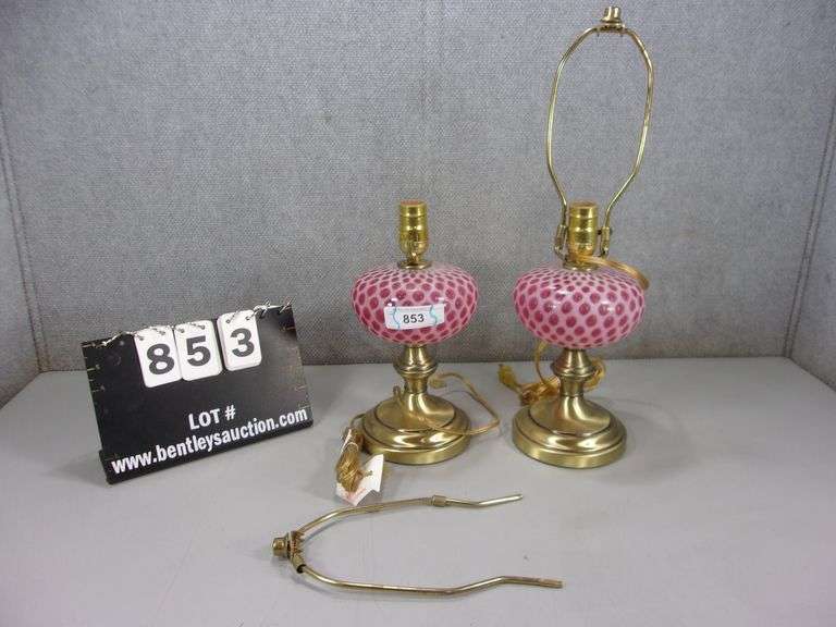 LOT: (2) CRANBERRY OPALESCENT COIN DOT WINDOWS ELECTRICAL LAMPS ...