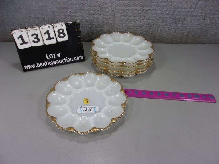 LOT (5): GOLD RIM MILK GLASS EGG PLATES - Bentley & Associates, LLC