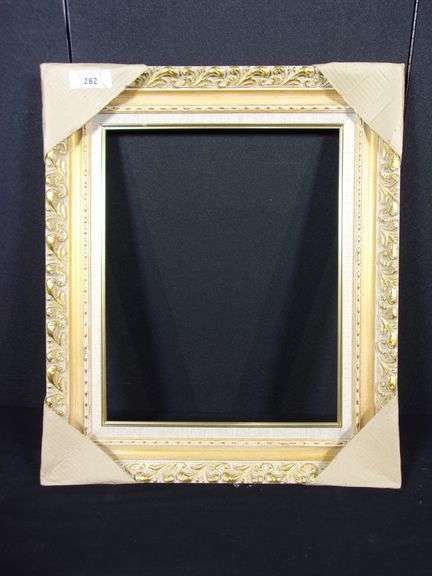 LIGHT GOLD PAINTED WOODEN FRAME W/ CARVED SCROLL ACCENTS & LINEN INLAY ...