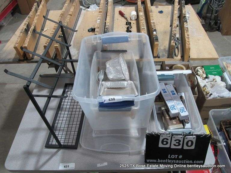 LOT: PLASTIC STORAGE CONTAINERS, METAL RACK - Bentley & Associates, LLC