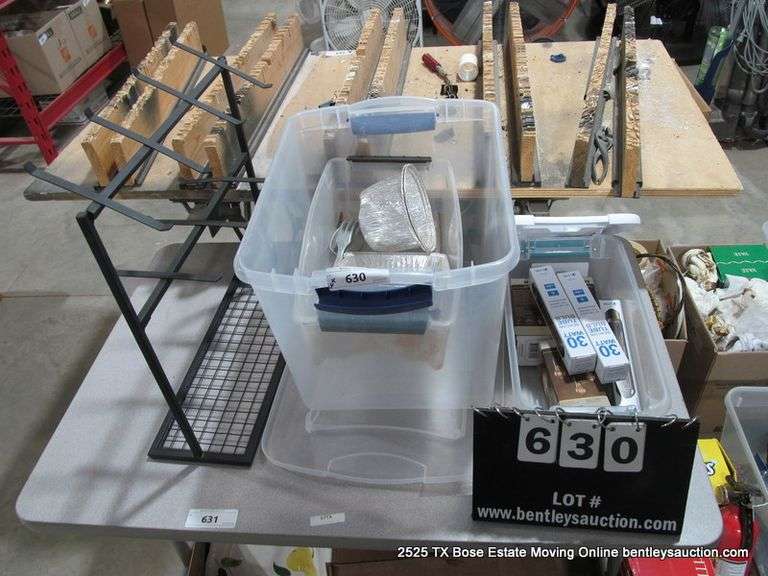 LOT: PLASTIC STORAGE CONTAINERS, METAL RACK - Bentley & Associates, LLC